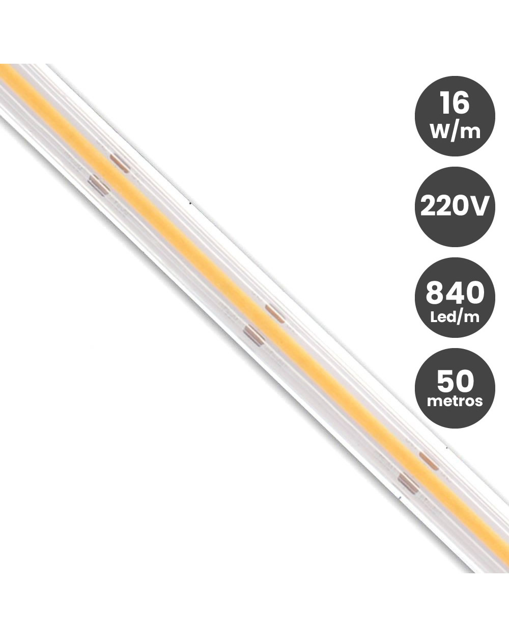 Tira LED COB 220V 16W/M- 840 LED/m FLIP CHIP CRI90 IP67 Rollo 50 metros- 3 AÑOS DE GARANTIA