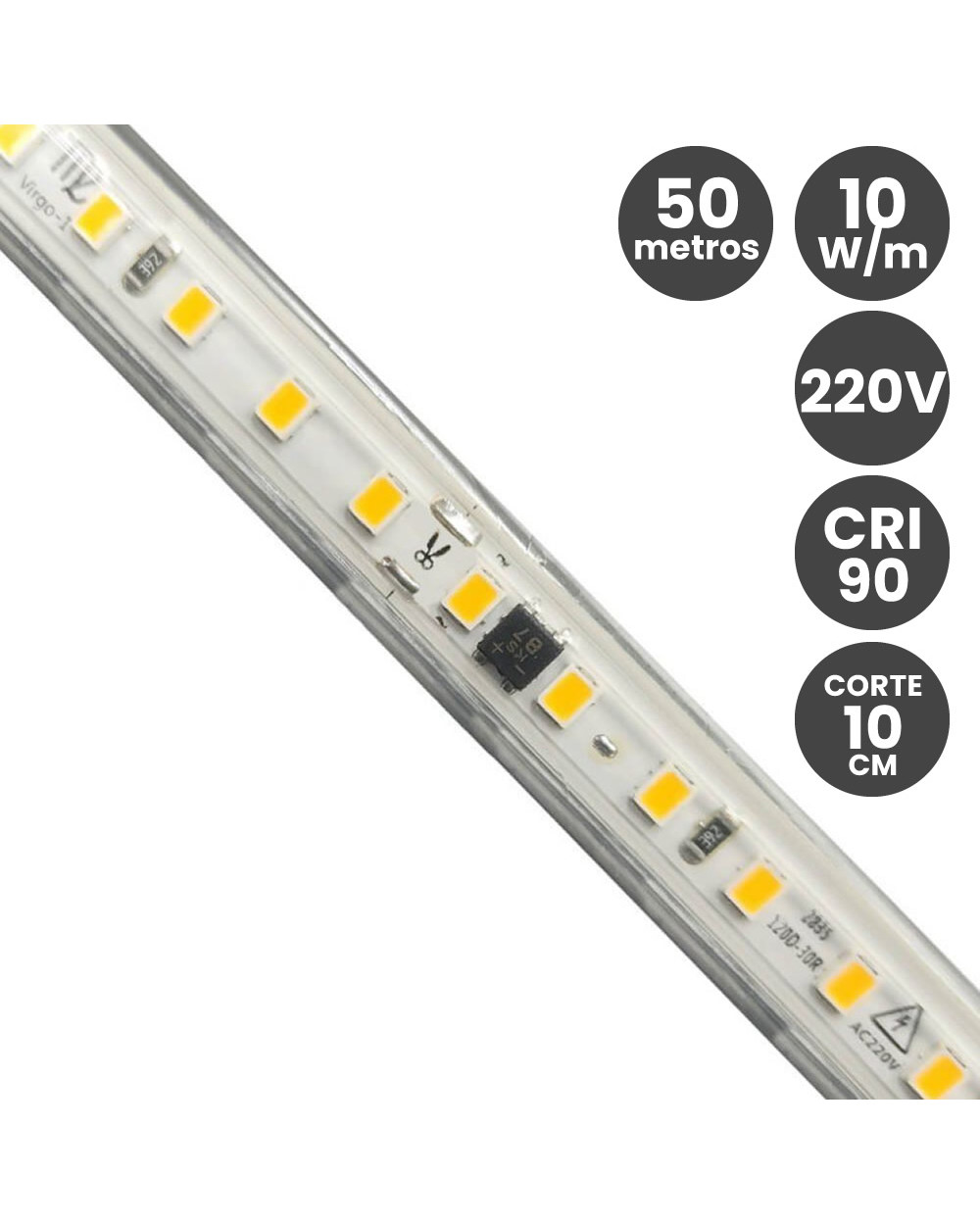 Tira LED 220V 10W/m 120Led/m Rollo 50m CRI90 IP65 Corte 10cm Sin ...